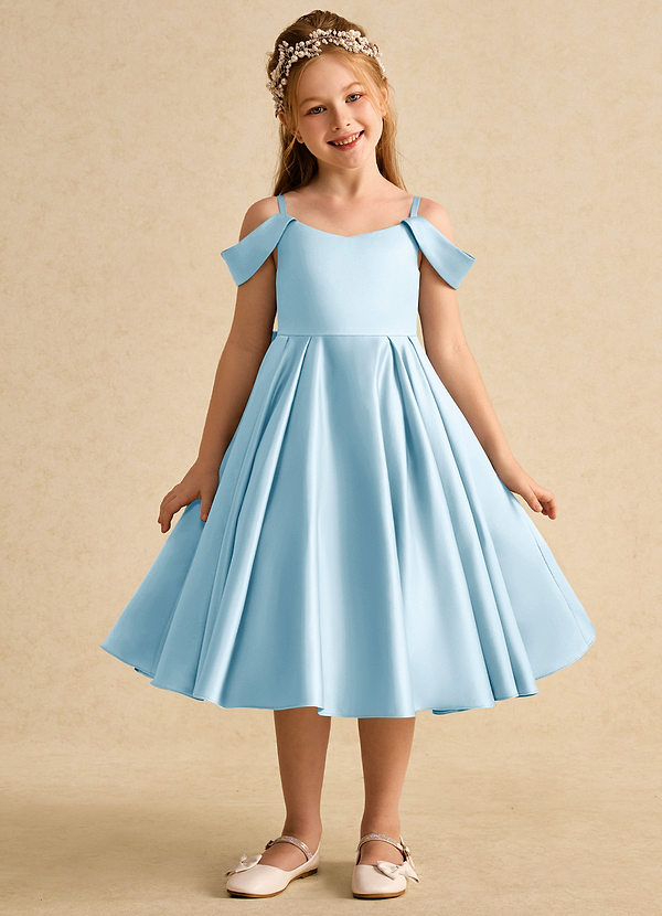 Azazie Favia Sky Blue A-Line Off the Shoulder Matte Satin Dress | Azazie CA