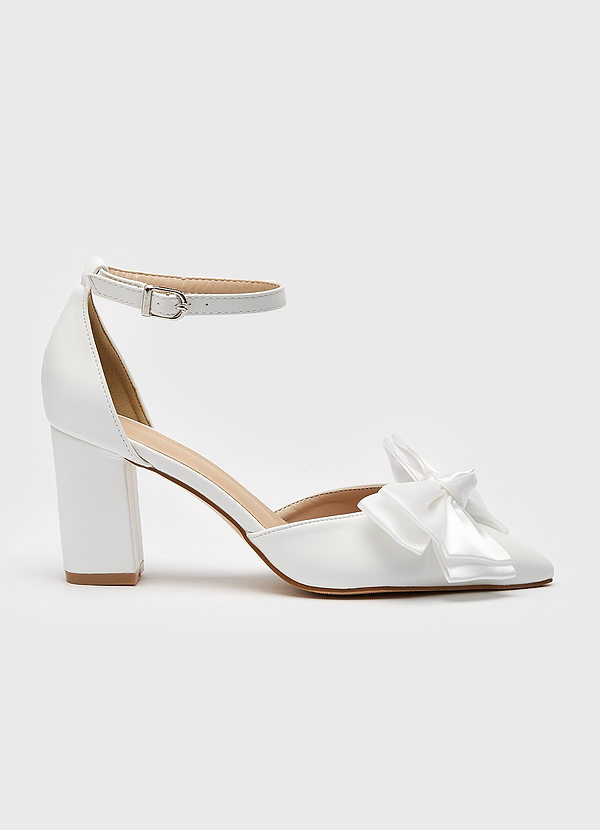 White Double Satin Bow Pointed Toe Heels | Azazie CA