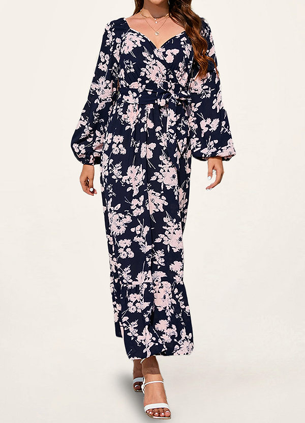 Navy Blue Albany Navy Blue Floral Print Long Sleeve Midi Dress Dresses