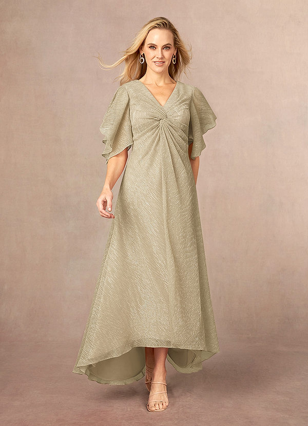 Azazie Mollina Champagne Gold A-Line Ruffle Flutter Sleeve Metallic ...