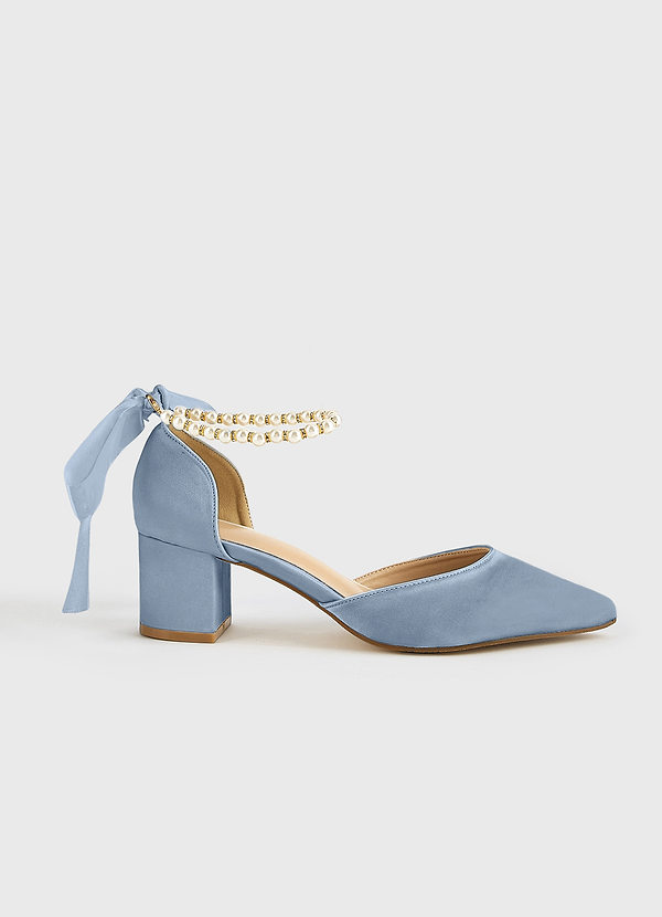Dusty Blue Matte Satin Matching Color Pearl and Bow Pointed Toe Block ...