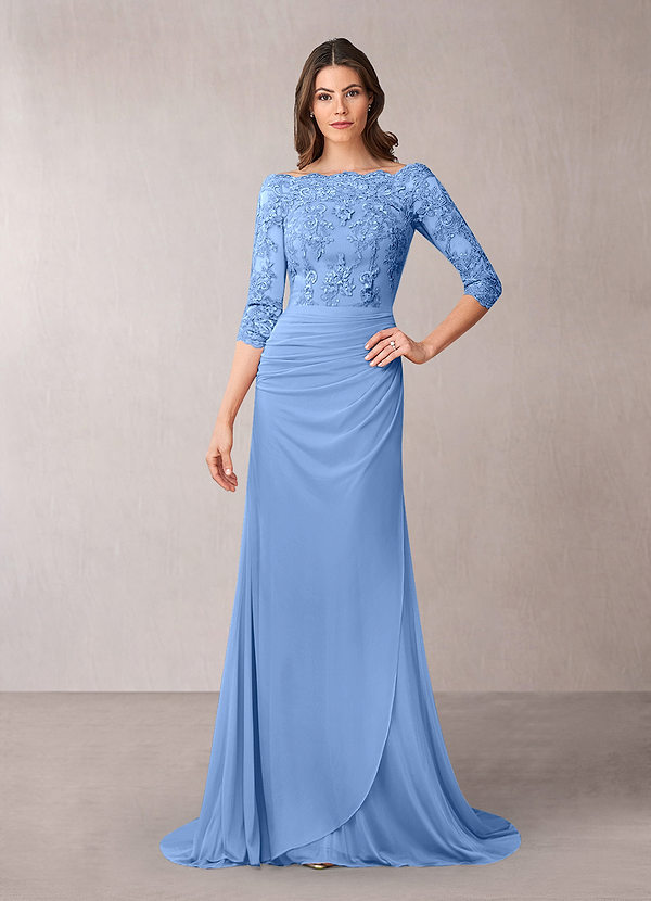 Azazie Rhonda Steel Blue Mermaid Off the Shoulder Mesh Dress | Azazie UK