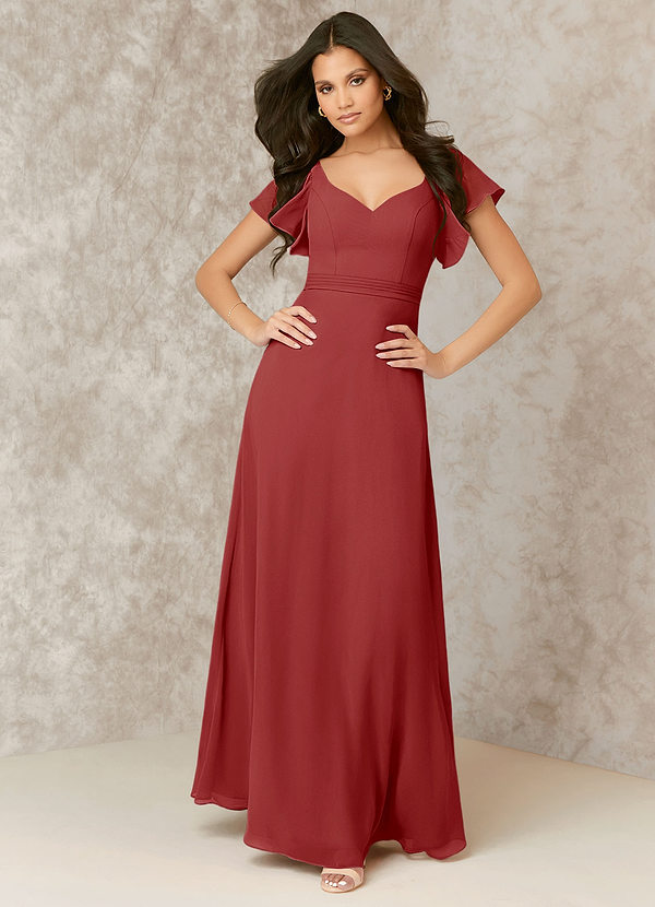 Rust Flutter Sleeve Chiffon A-Line Dress Bridesmaid Dresses | Azazie Rust Flutter Sleeve Chiffon A-Line Dress Bridesmaid Dresses | Azazie