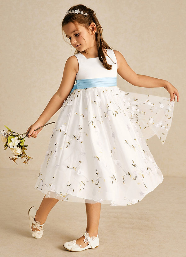 Azazie Pollie Ivory Sky Blue A-Line Bow Tulle Dress | Azazie AU