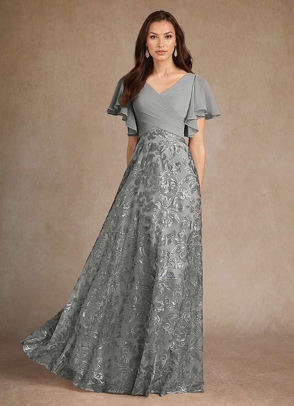 Azazie Fallon Steel Grey A-Line Pleated Lace Dress | Azazie