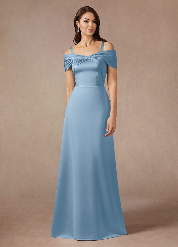 Azazie Amelia Powder Blue A-Line Off the Shoulder Stretch Satin Dress ...