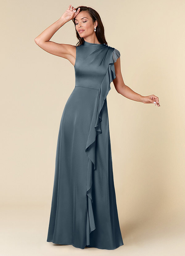 Azazie Narine Twilight A-Line High Neckline Pleated Stretch Satin Dress ...