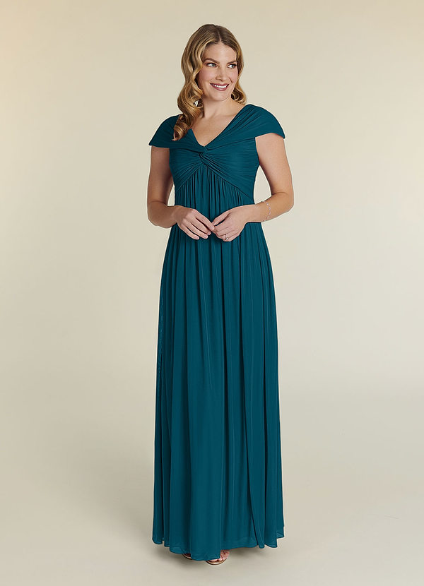 Ink Blue Azazie Marlena A-Line Pleated Mesh Floor-Length Dress | Azazie