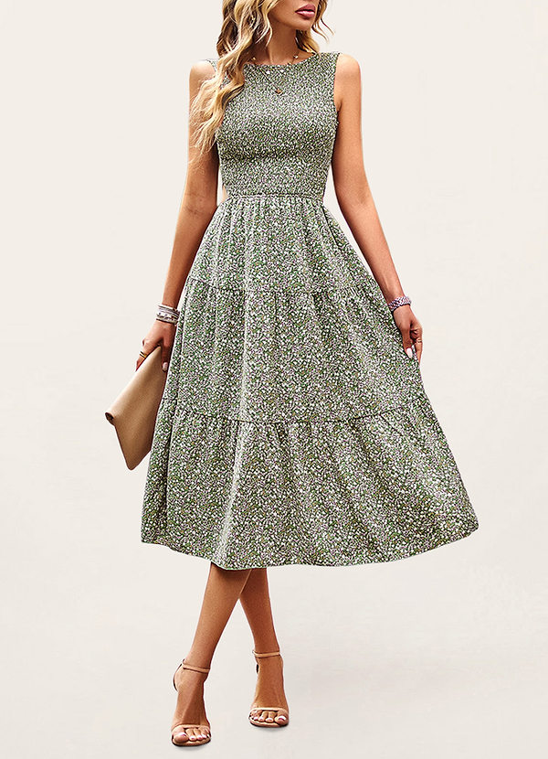 Mulberry Army Green Floral Print Sleeveless Smocked Midi Dress Dresses ...
