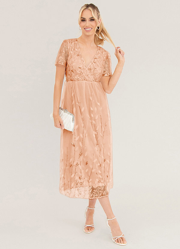 Or Rose Robe Maxi Or Rose Florale à Manches Courtes et Sequins Robes ...