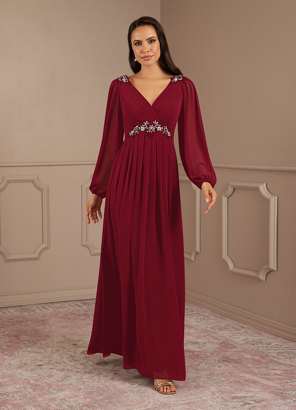 Burgundy Azazie Gypsy A-Line V-Neck Sequins Chiffon Floor-Length Dress ...