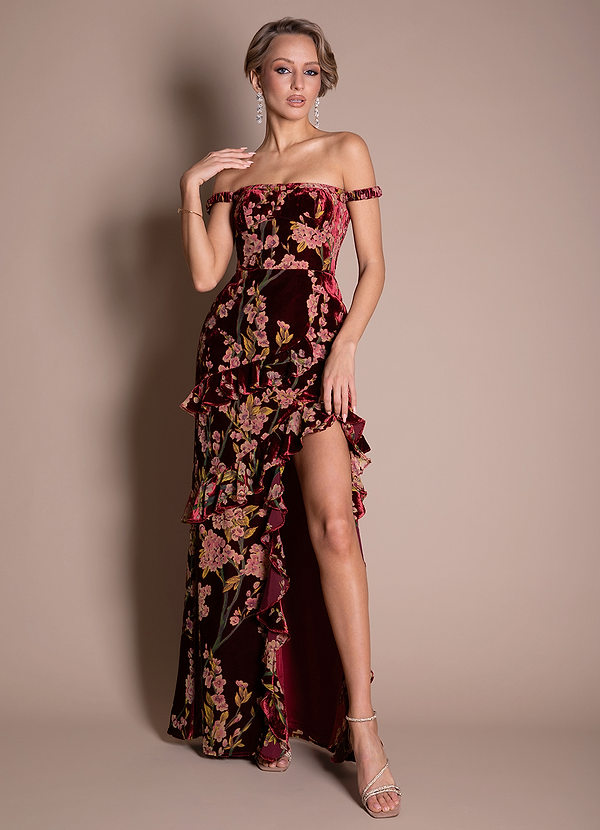 Marci Burgundy Bloom Maxi Dress | Azazie CA