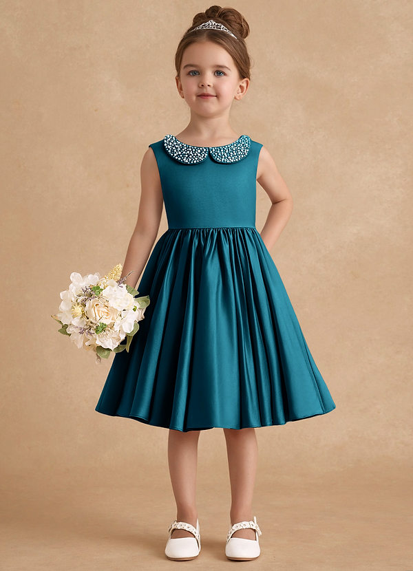 Azazie Chickpea Ink Blue A-Line Bow Matte Satin Dress | Azazie