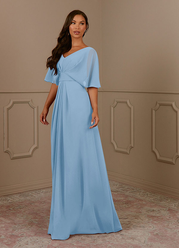 Azazie Oksana Powder Blue A-Line V-Neck Pleated Chiffon Dress | Azazie CA