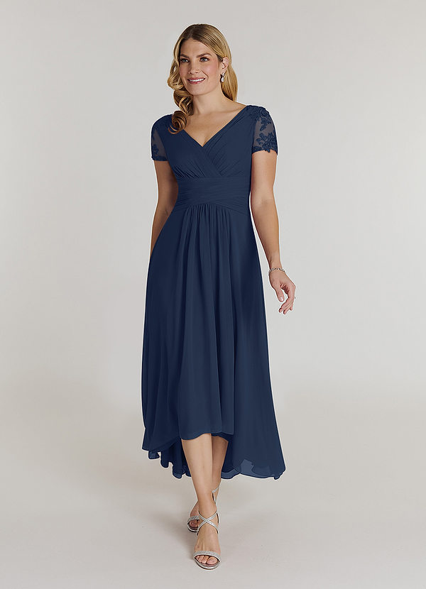 Dark Navy Azazie Thais A-Line Lace Chiffon Asymmetrical Dress | Azazie