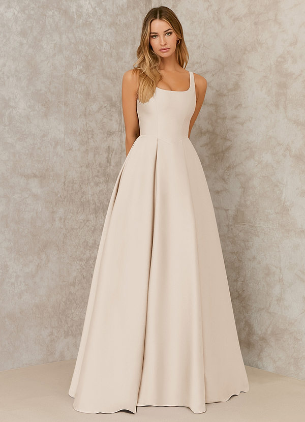 Albâtre Blanc Robe trapèze plissée en satin extensible longueur au sol ...