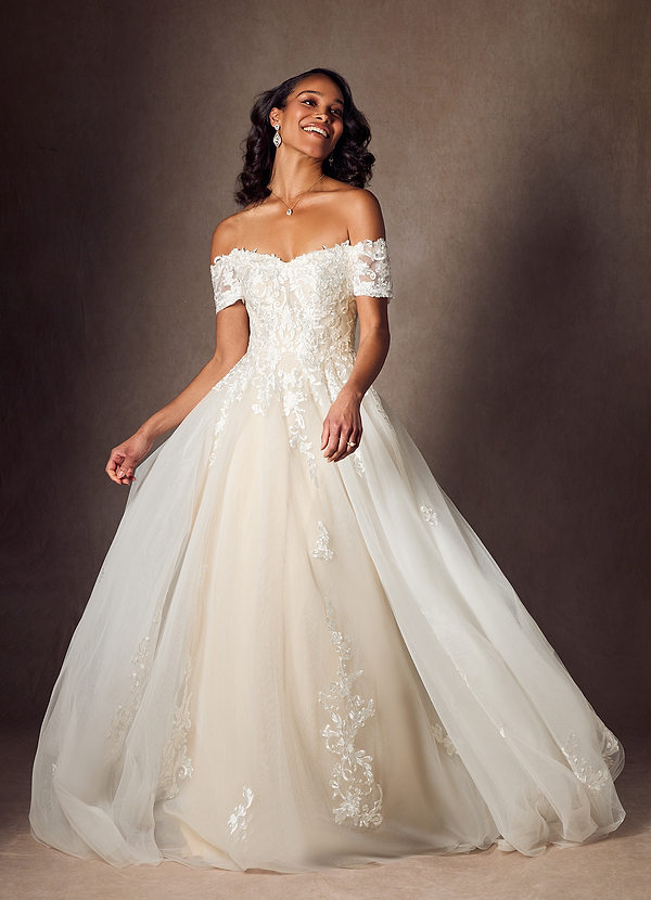 Azazie Rowe Diamond White Champagne Ball-Gown Off the Shoulder Tulle ...