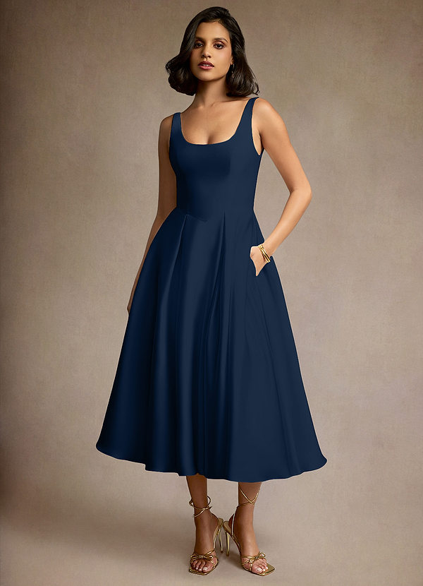 Mariea Navy Pleated Midi Dress | Azazie CA