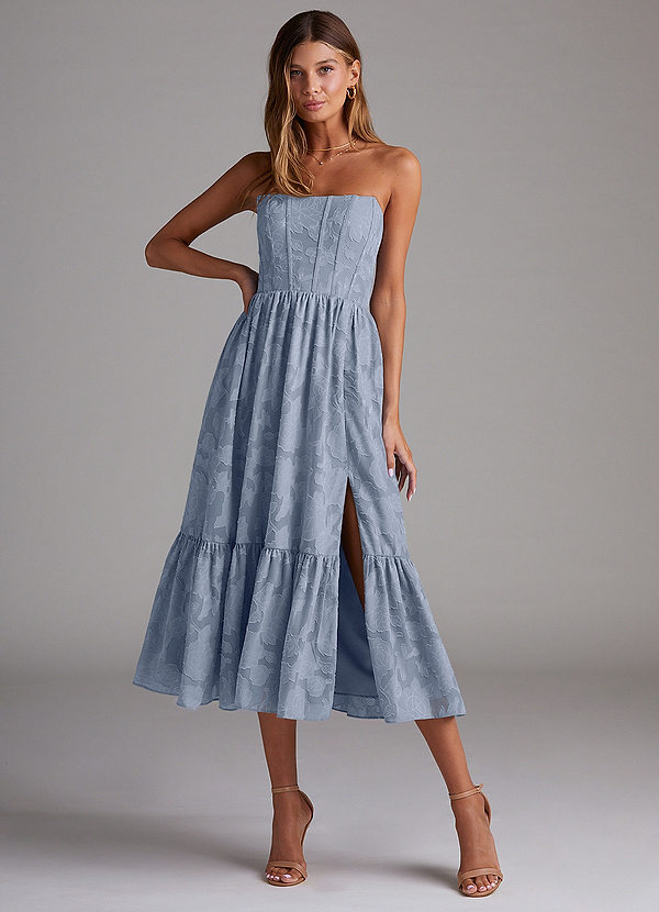 Delphina Powder Blue Lace-up Back Midi Dress | Azazie
