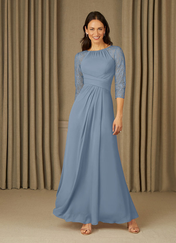 Azazie Zolla Dusty Blue A-Line Lace Chiffon Dress | Azazie