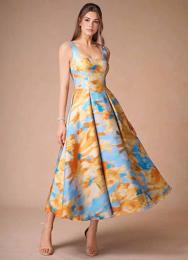 Lucas Blue Caribbean Print Pleated Midi Dress | Azazie