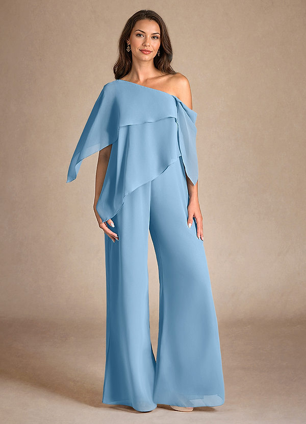 Azazie Halima Steel Blue Jumpsuit/Pantsuit Side Slit Chiffon Dress | Azazie