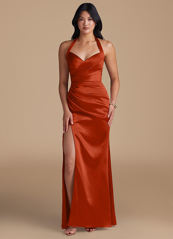 Azazie Emeria Paprika Metallic Satin Bridesmaid Dresses | Azazie CA
