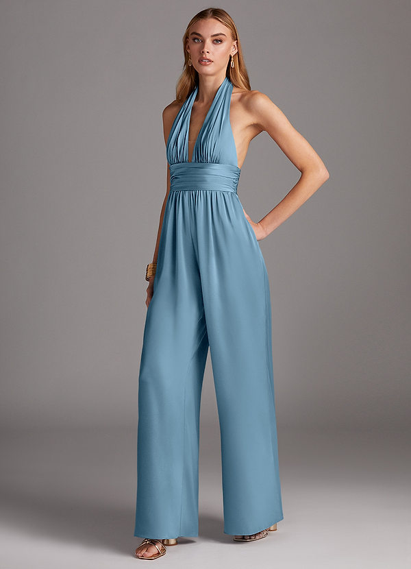 Azazie Oli Stretch Satin Jumpsuit Steel Blue Bridesmaid Dresses | Azazie CA