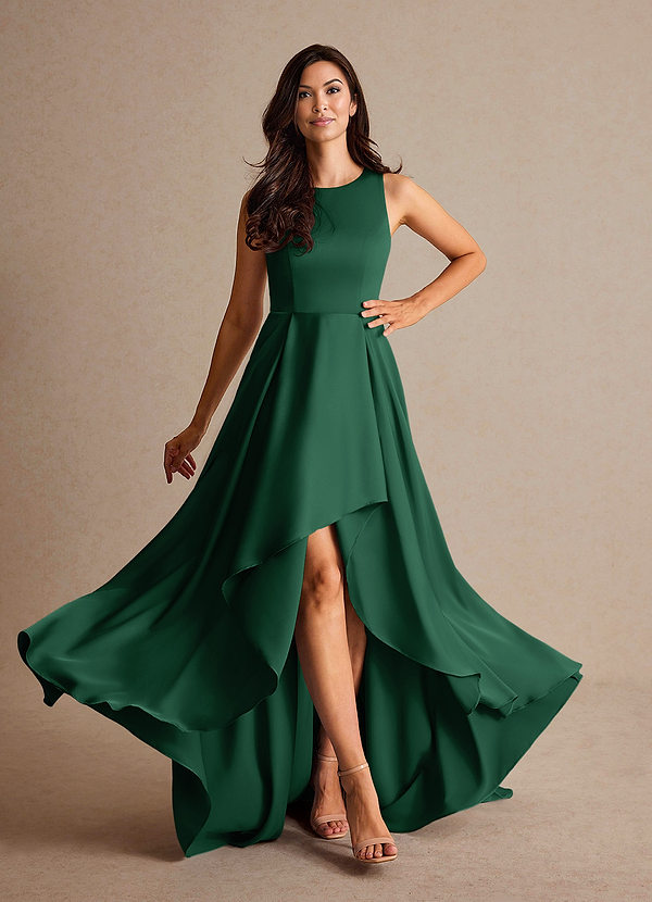 Azazie Niles Dark Green A-Line Trains Stretch Satin Dress | Azazie