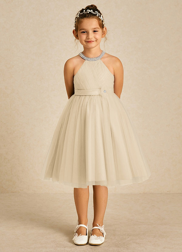 Azazie Honey Champagne A-Line Beaded Matte Satin Dress | Azazie