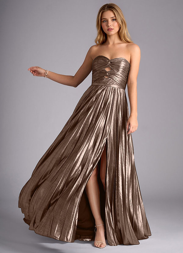 Stella Cadente Bronze A-line Metallic Prom Dress | Azazie