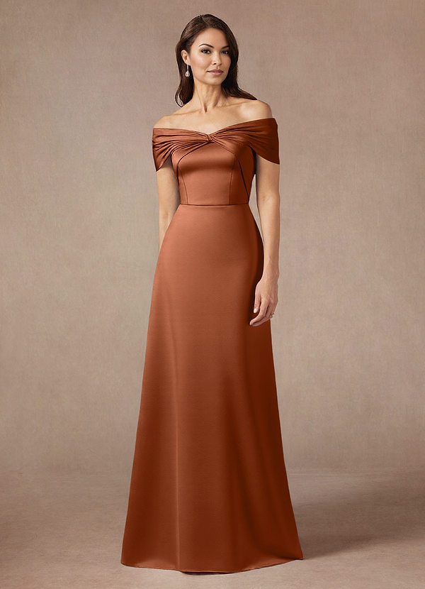 Azazie Amelia Copper A-Line Off the Shoulder Stretch Satin Dress ...