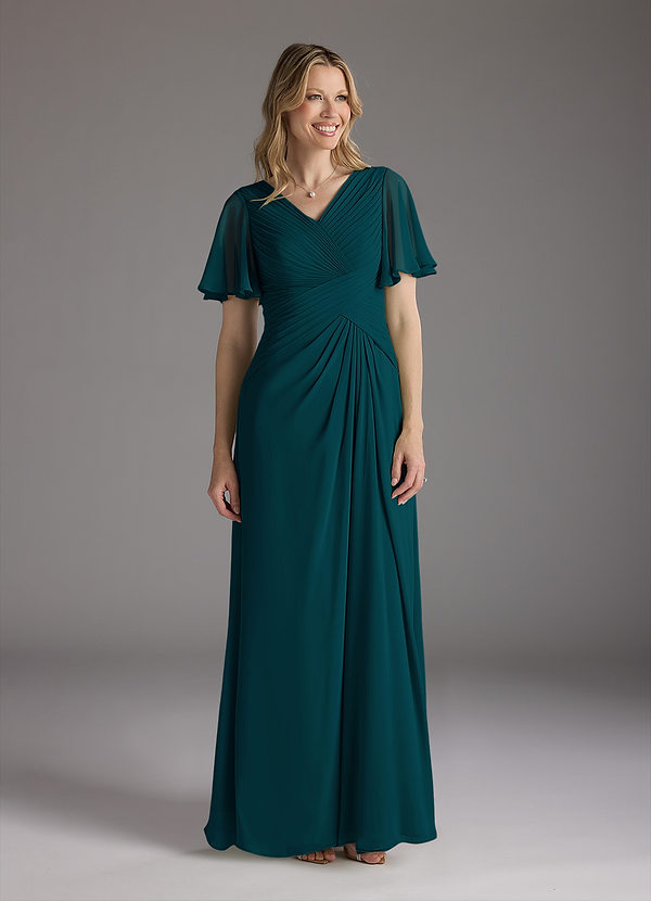 Azazie Morning Glory Pine A-Line V-Neck Ruched Chiffon Dress | Azazie
