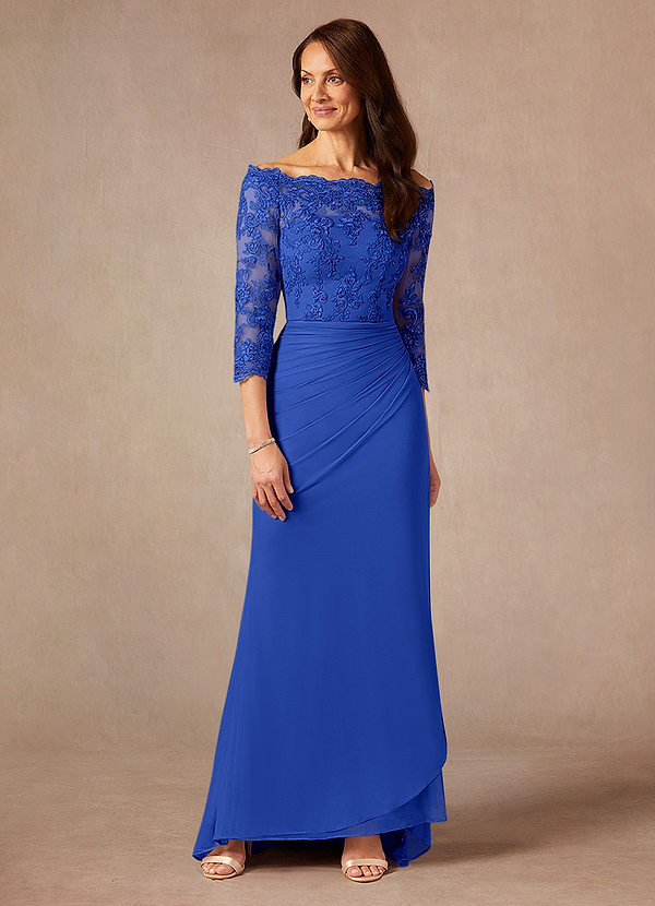 Azazie Rhonda Royal Blue Mermaid Off the Shoulder Mesh Dress | Azazie