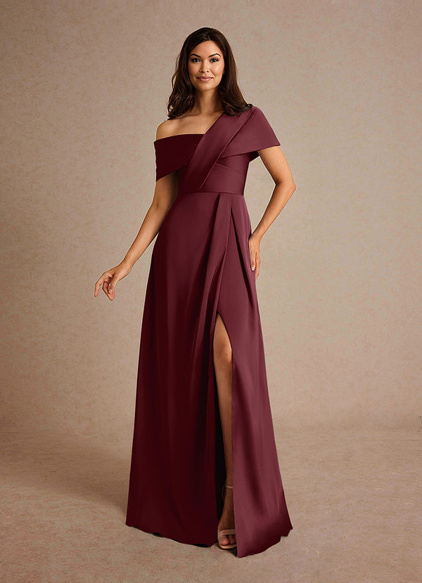 Azazie Milton Cabernet A-Line Pleated Stretch Satin Dress | Azazie CA