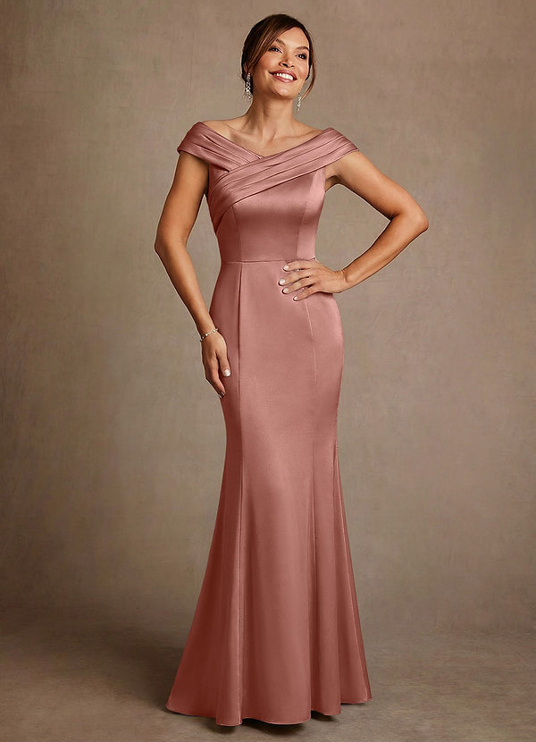 Azazie Aberdeen Rosette Sheath Pleated Stretch Satin Dress | Azazie UK