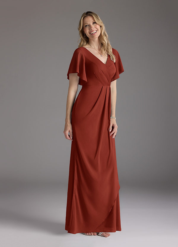 Azazie Song Rust Mermaid V-Neck Pleated Stretch Chiffon Dress | Azazie AU