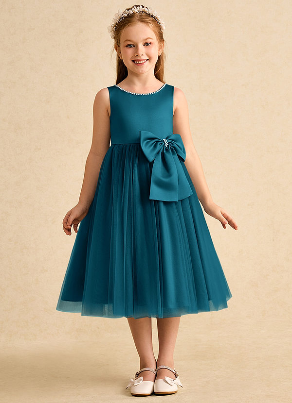 Azazie Twinsie Ink Blue A-Line Bow Tulle Dress | Azazie CA