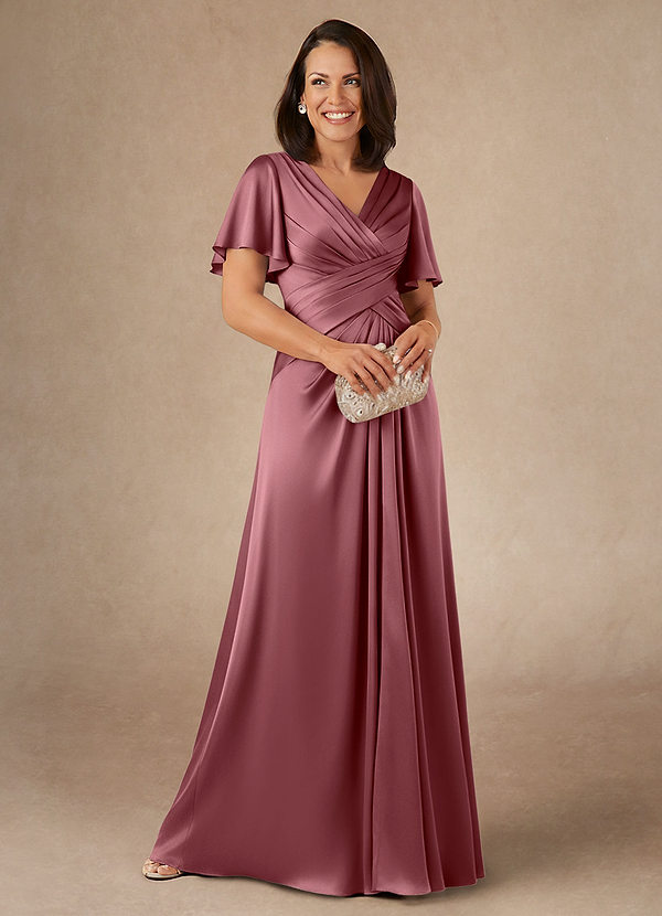 Azazie Emmeline Desert Rose A-Line Pleated Stretch Satin Dress | Azazie CA