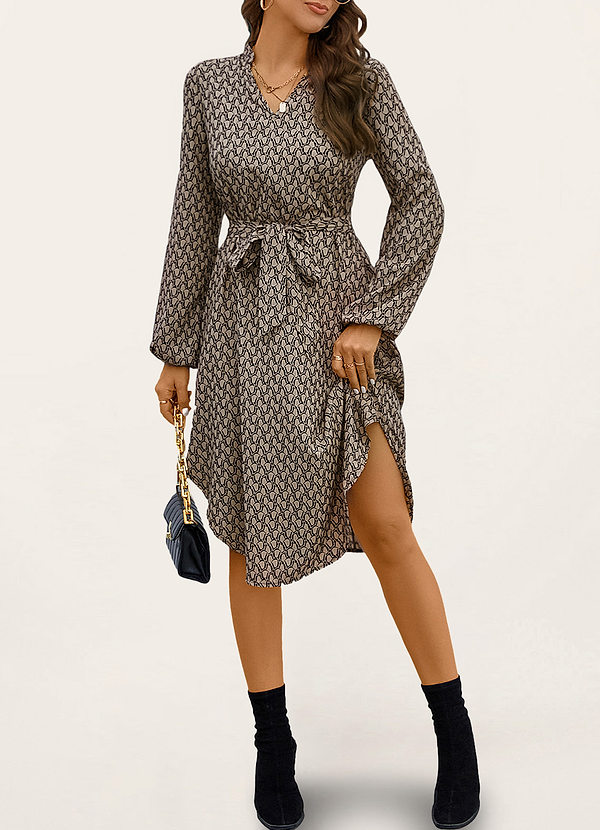 Marron Norco Marron Robe mi-longue imprimée à manches longues Robes ...