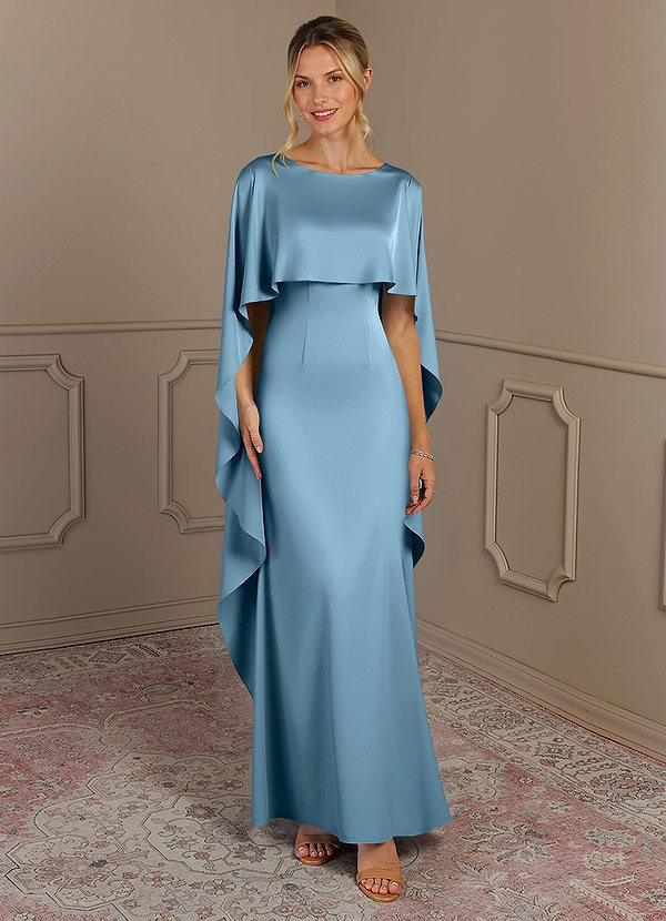 Azazie Eli Steel Blue Sheath Boatneck Stretch Satin Dress | Azazie CA