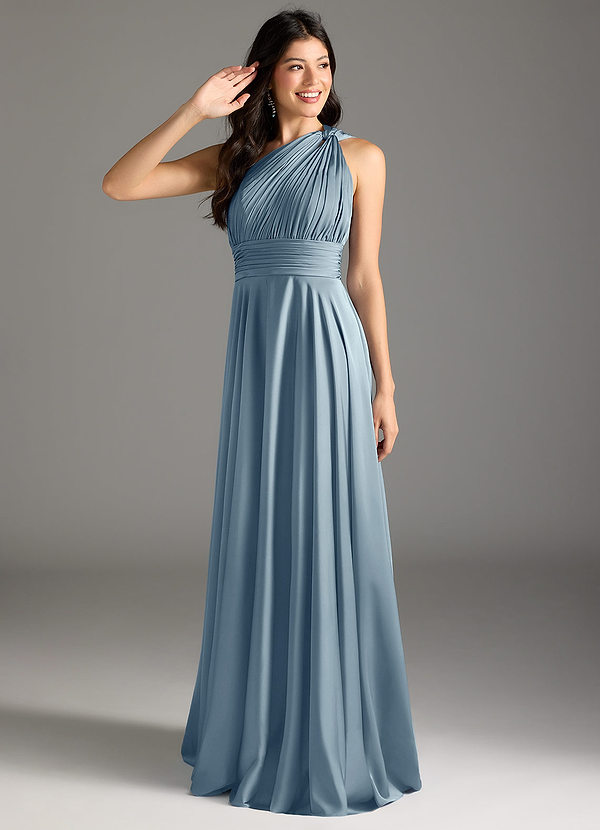 Azazie Charlize Dusty Blue Stretch Satin Bridesmaid Dresses | Azazie CA