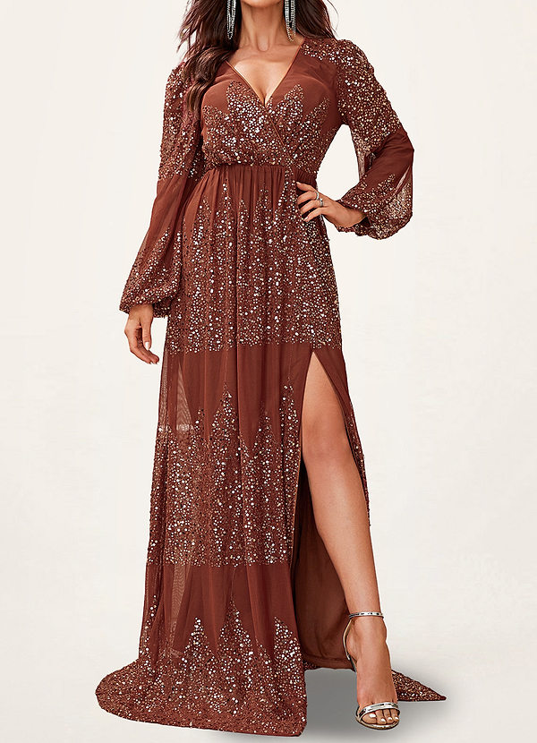 Marron Amès Marron Robe longue à sequins et manches longues Robes | Azazie