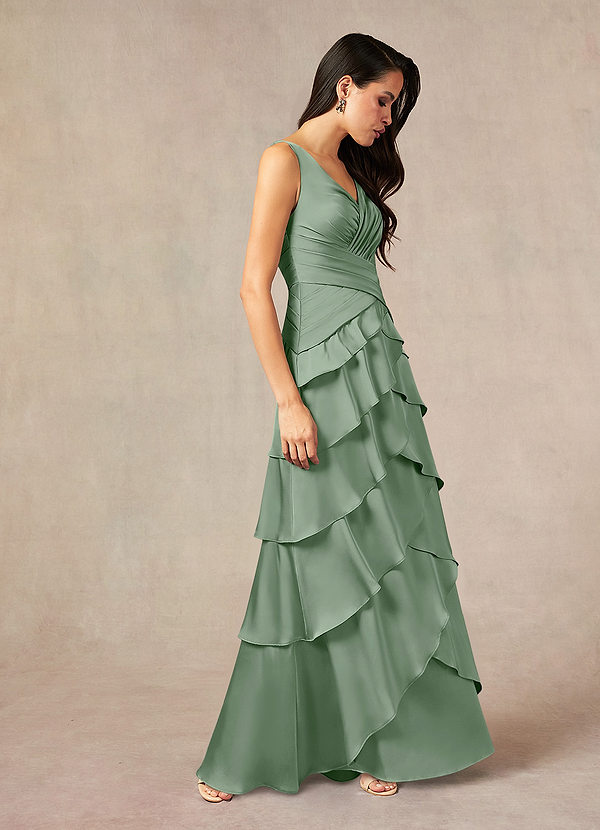 Azazie Viola Matcha A-Line Pleated Stretch Satin Dress | Azazie CA