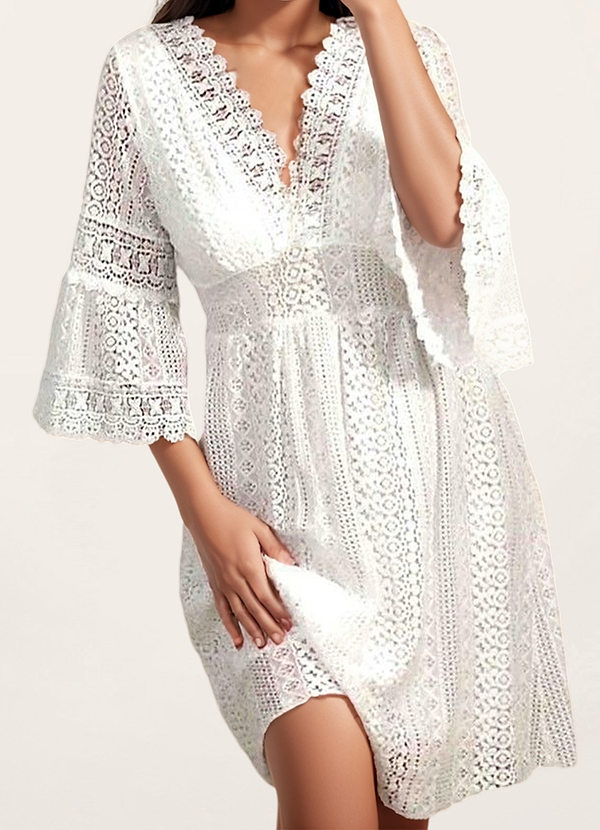 White Morning In Mallorca White Lace Half Short Sleeve Midi Dress ...
