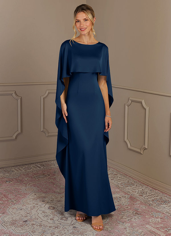 Azazie Eli Dark Navy Sheath Boatneck Stretch Satin Dress | Azazie