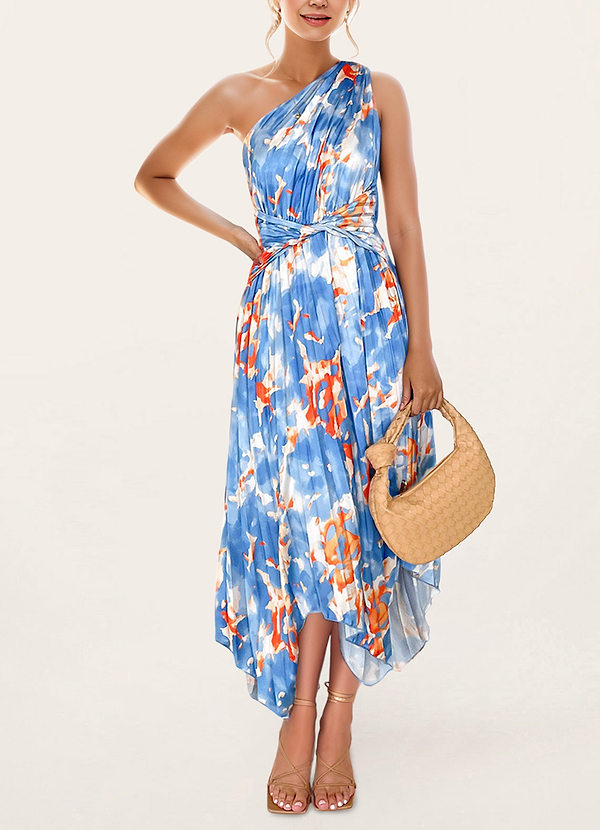 Light Blue Blue Springs Light Blue Abstract Print One-Shoulder Pleated Midi Dress Dresses | Azazie