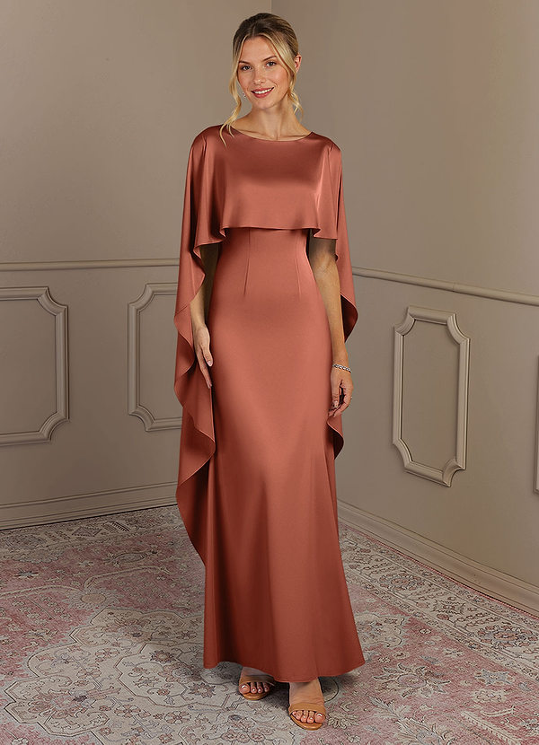 Azazie Eli Clay Sheath Boatneck Stretch Satin Dress | Azazie