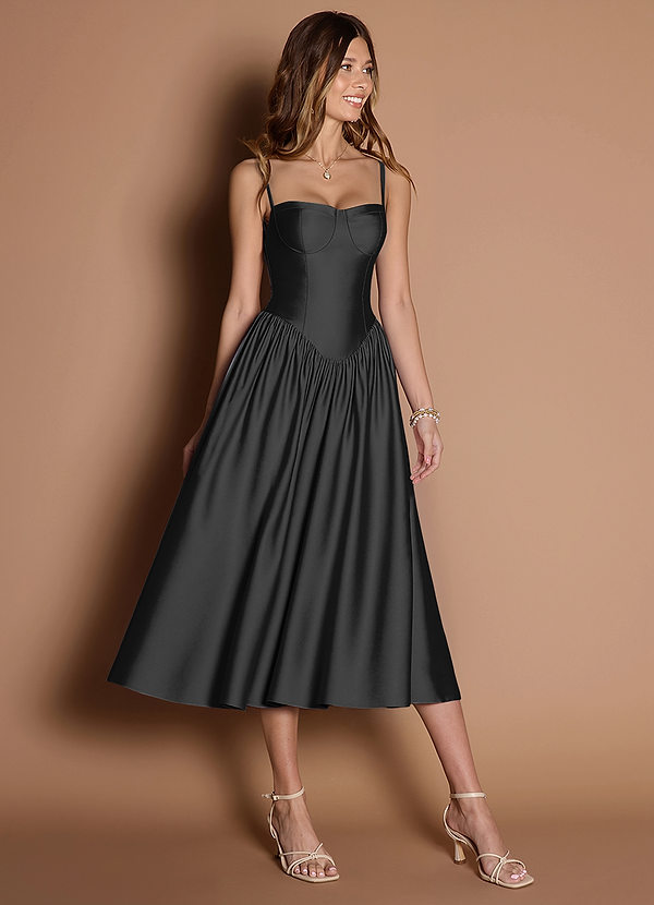 Ottilie Black Pleated Midi Dress | Azazie CA