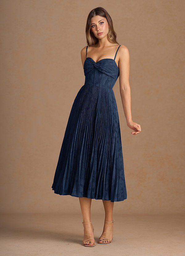 Annie Navy Pleated Midi Dress | Azazie UK